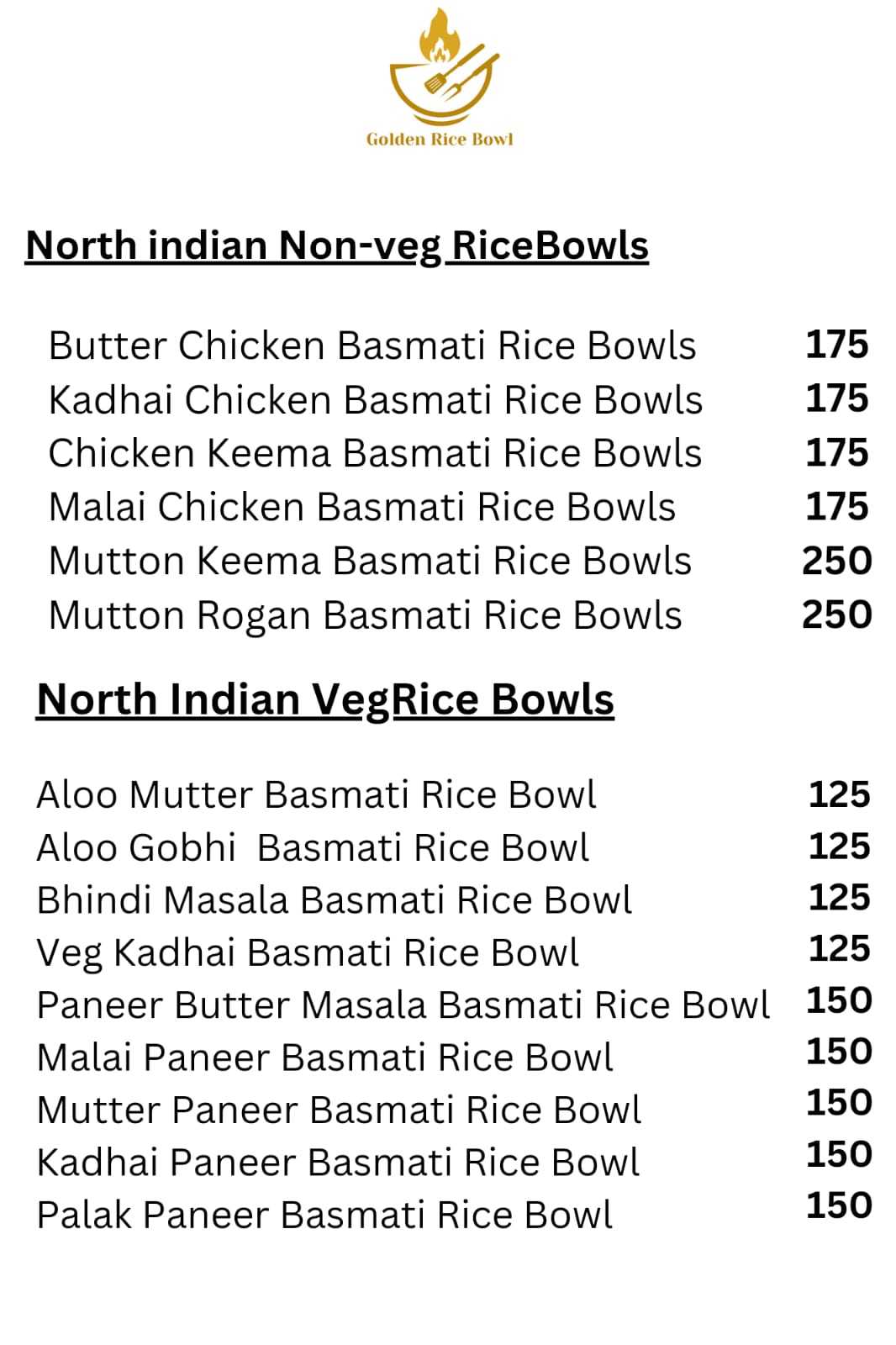 Menu of Golden Rice Bowl, Begumpet, Hyderabad
