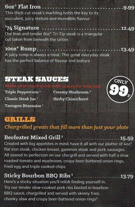 Menu at Beefeater restaurant, Manchester, Quay house