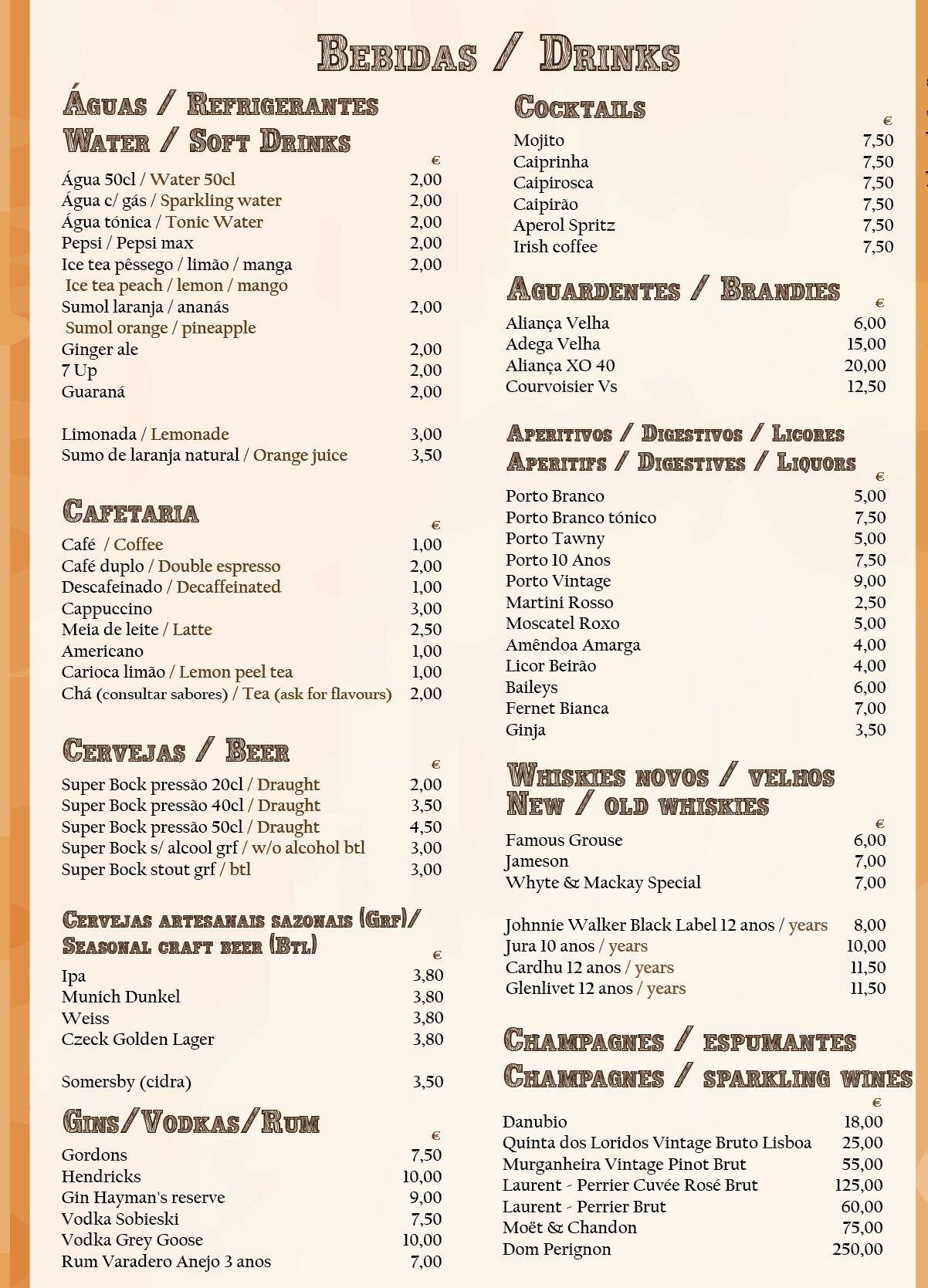 Menu at Adega de São Roque restaurant, Lisbon