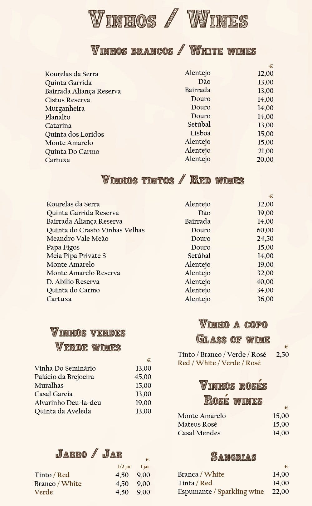 Menu at Adega de São Roque restaurant, Lisbon
