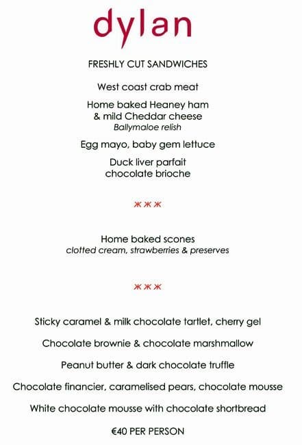 Menu at Dylan Hotel restaurant, Dublin