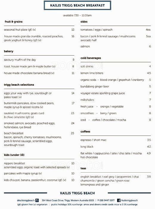 Menu at Kailis Beach Cafe, Perth