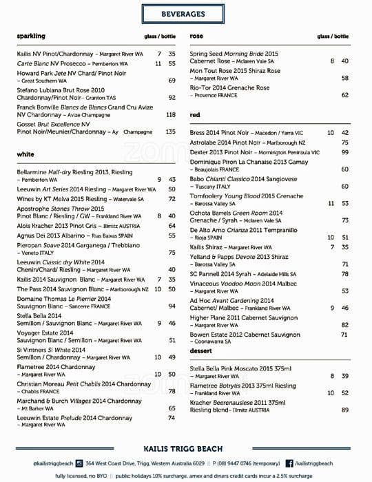 Menu at Kailis Beach Cafe, Perth