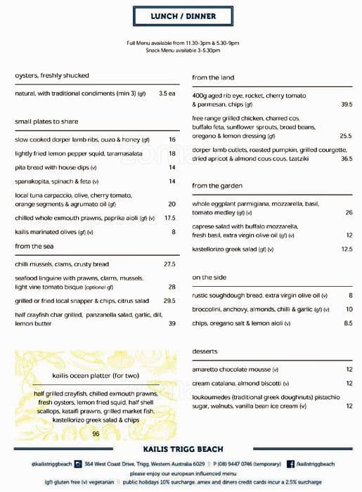 Menu at Kailis Beach Cafe, Perth