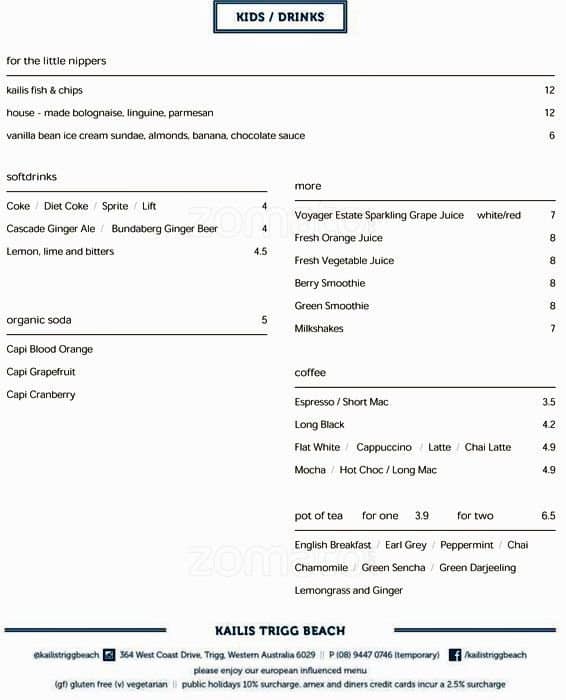 Menu at Kailis Beach Cafe, Perth