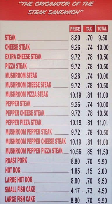 Pat's King of Steaks Menu - Urbanspoon/Zomato