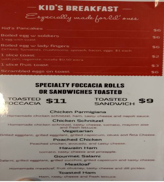 Menu at Lady Sevin cafe, Whittlesea