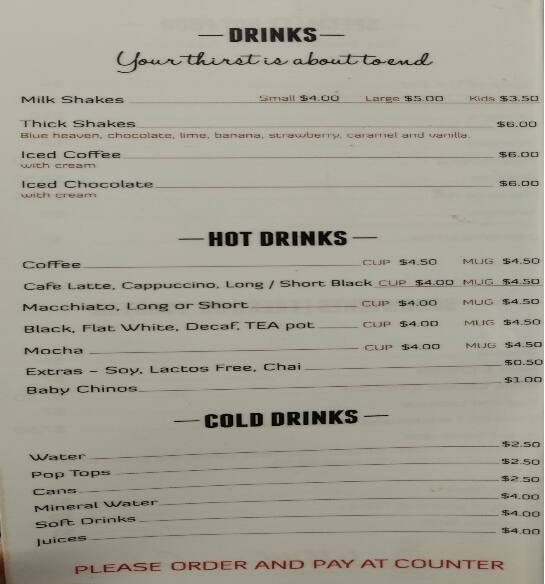 Menu at Lady Sevin cafe, Whittlesea