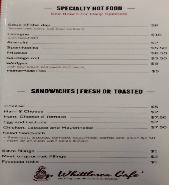 Menu at Lady Sevin cafe, Whittlesea