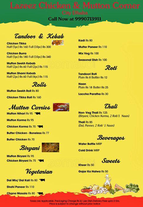 Menu at Lazeez Chicken & Mutton Corner, New Delhi