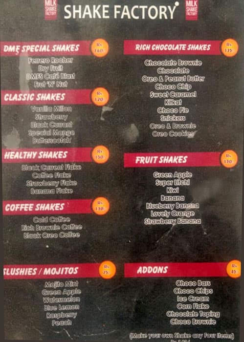 Menu of Milk Shake Factory, Kondapur, Hyderabad