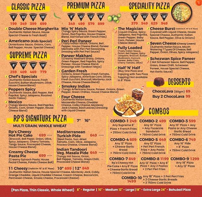 Menu of RP's Pizzeria, Sola, Ahmedabad