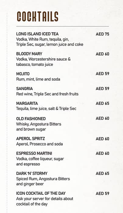Menu of ICON Bar & Lounge - Radisson Blu Hotel, Dubai Media City, Dubai