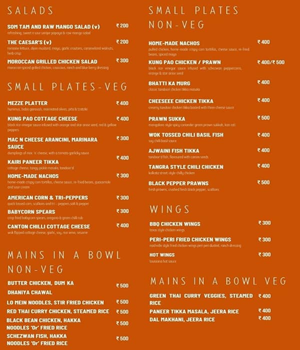 Menu of Sunburn Union, Koramangala 6th Block, Bangalore
