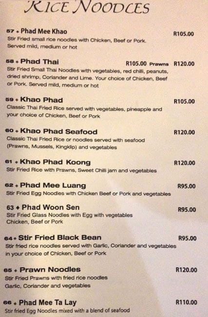 Menu au Kai Thai restaurant, Johannesburg, Crn Rabie and Aimee Street
