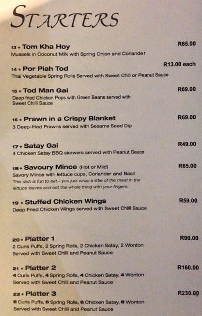 Menu at Kai Thai restaurant, Johannesburg, Crn Rabie and Aimee Street
