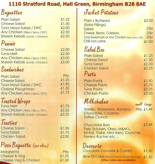 Menu at Snack Avenue restaurant, Birmingham, Stratford Road Hall Green