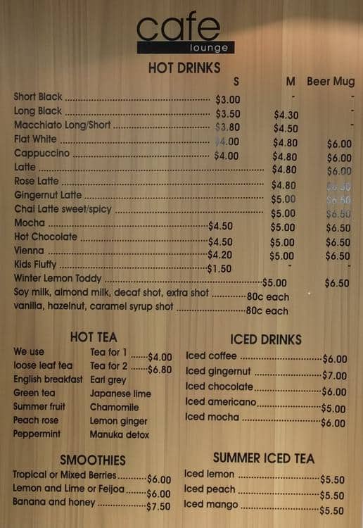 Menu at Cafe Lounge, Auckland