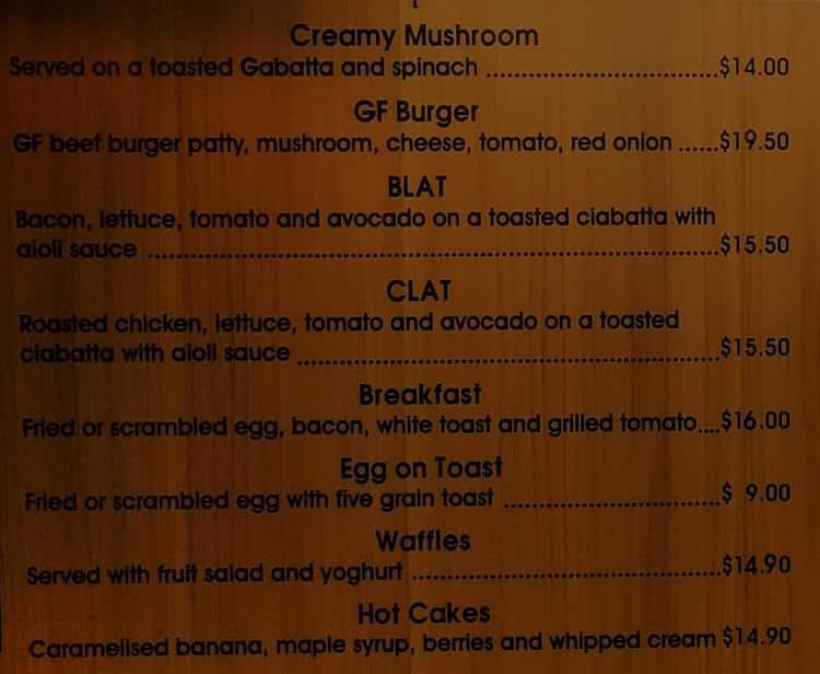 Menu at Cafe Lounge, Auckland