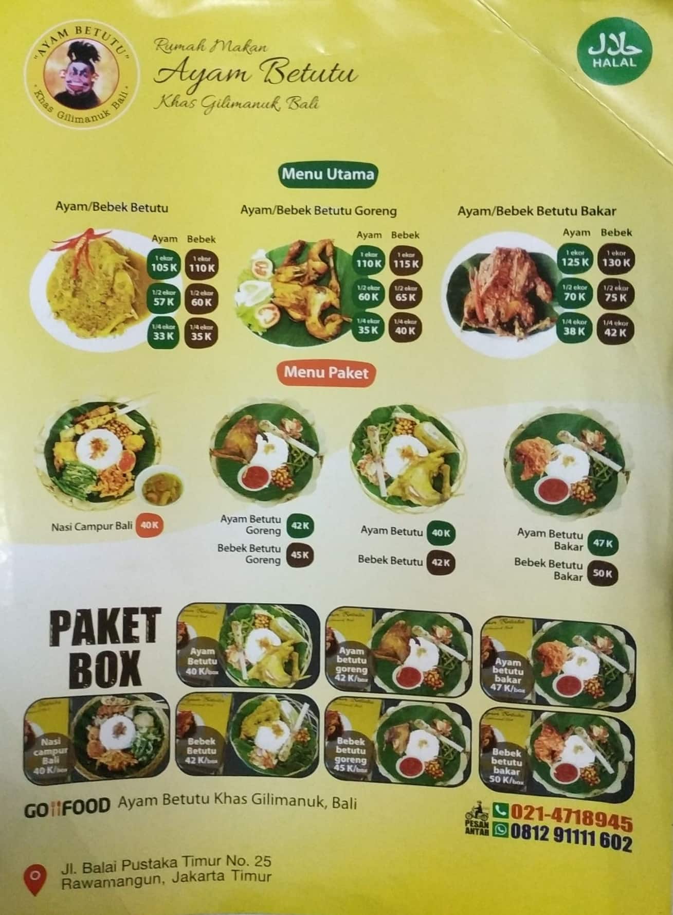 Menu at Ayam Betutu restaurant, Jakarta, Jl. Balai Pustaka Timur No. 25