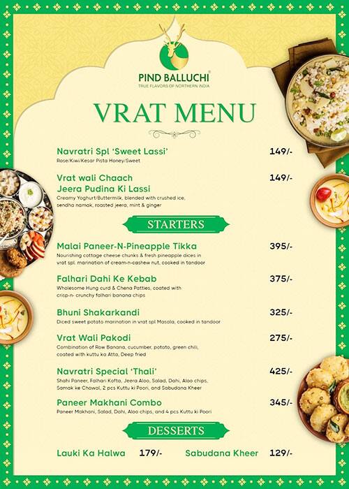 Menu of Pind Balluchi, Crossing Republik, Ghaziabad