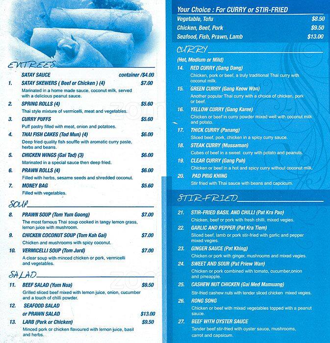 Menu at Bai Tong Thai Mascot restaurant, Mascot