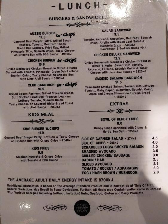 Menu at Caffe Cherry Beans Macquarie Centre cafe, Macquarie Park