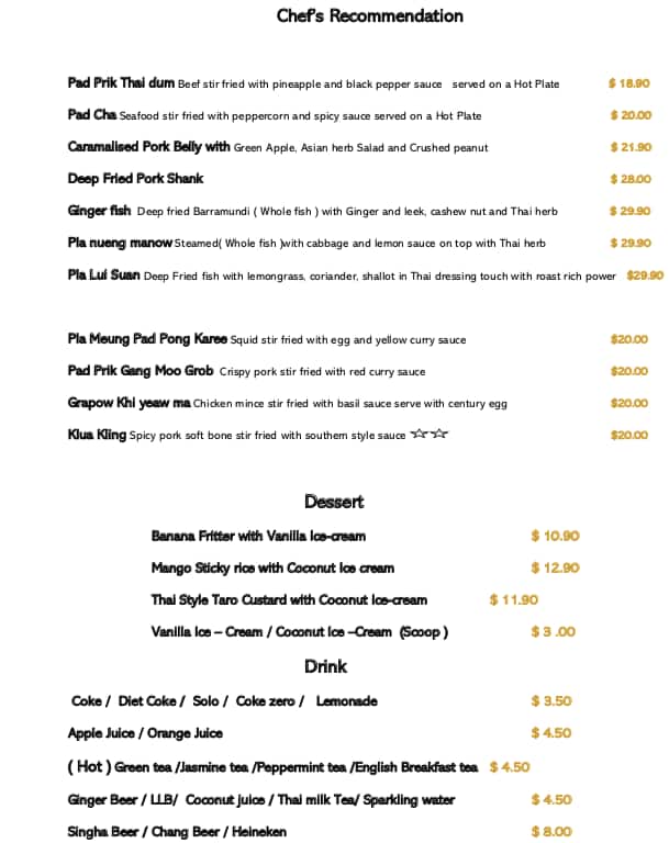 Menu at Thai@Toorak restaurant, Toorak