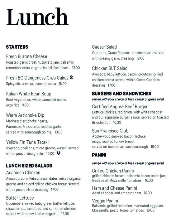 Menu at Café One, Vancouver, Burrard St