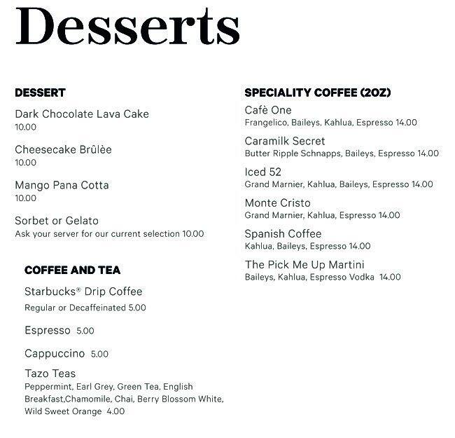 Menu at Café One, Vancouver, Burrard St