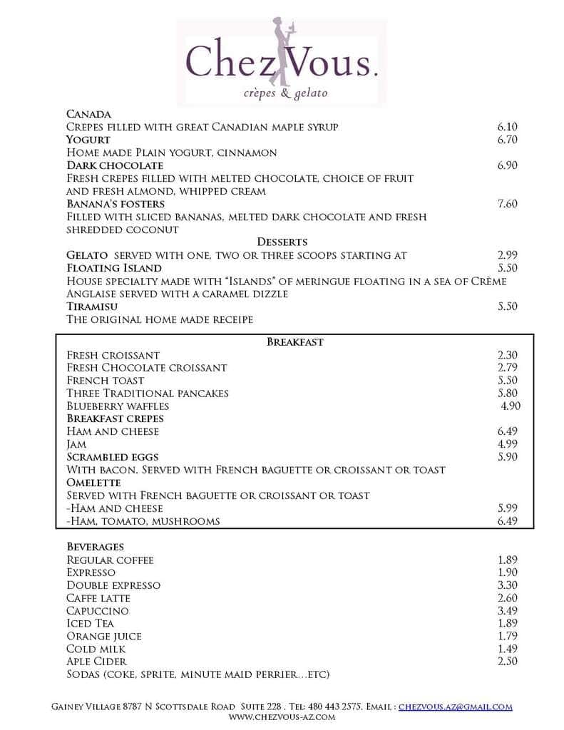 Menu at Sophie’s Café restaurant, Scottsdale