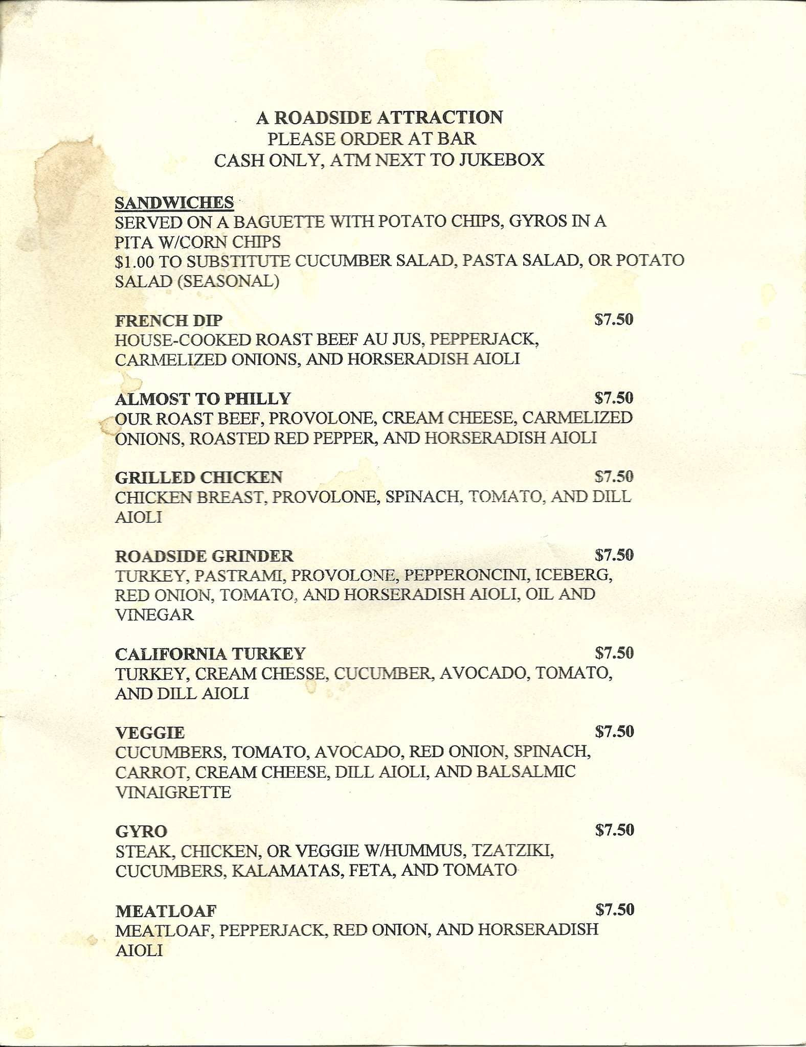 Menu at A Roadside Attraction pub & bar, Portland