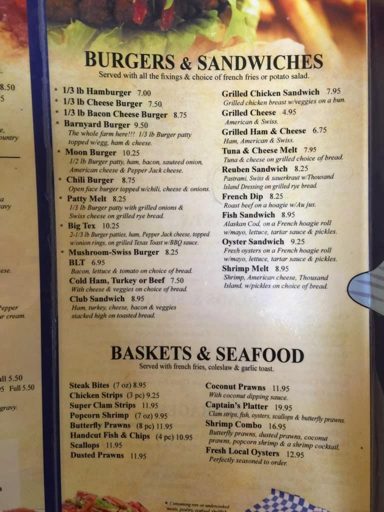 Menu at The Blue Moon Saloon & Cafe, Coos Bay