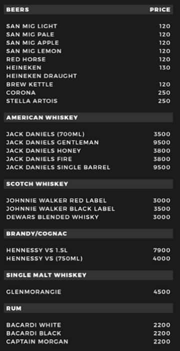 Menu at URBN QC club, Quezon City, 62 Timog Ave