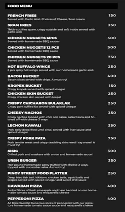 Menu at URBN QC club, Quezon City, 62 Timog Ave