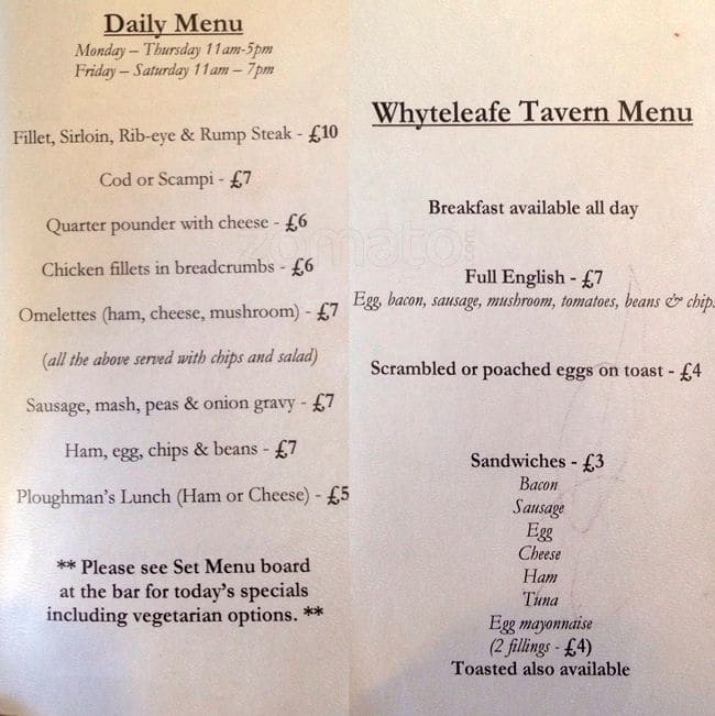 Carta de Whyteleafe Cafe, Whyteleafe