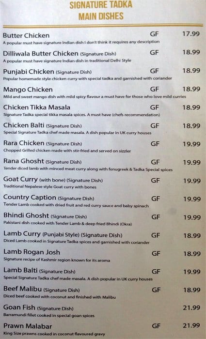 Menu at Signature Tadka restaurant, Albion