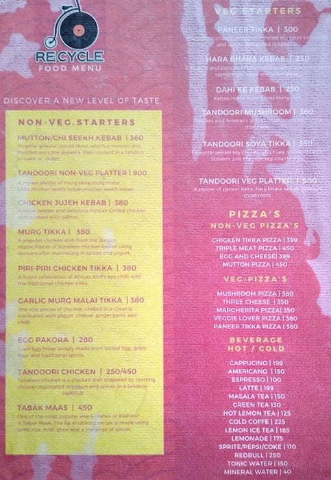 Menu of Recycle, Hauz Khas Village, New Delhi