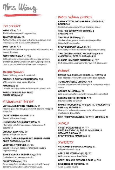 Menu at Miss Wáng - Majestic City Retreat Hotel pub & bar, Dubai