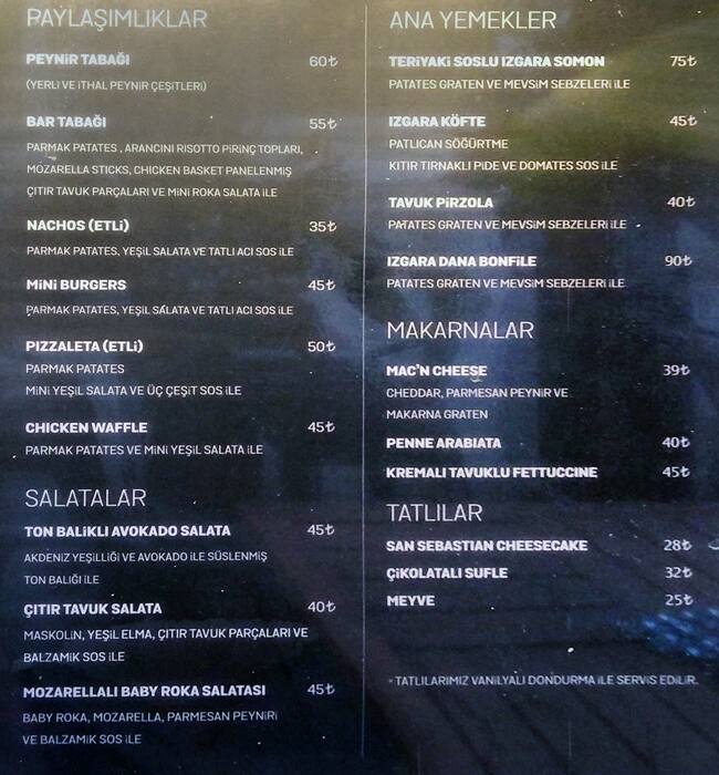 Menu at Mona Nişantaşı, Istanbul