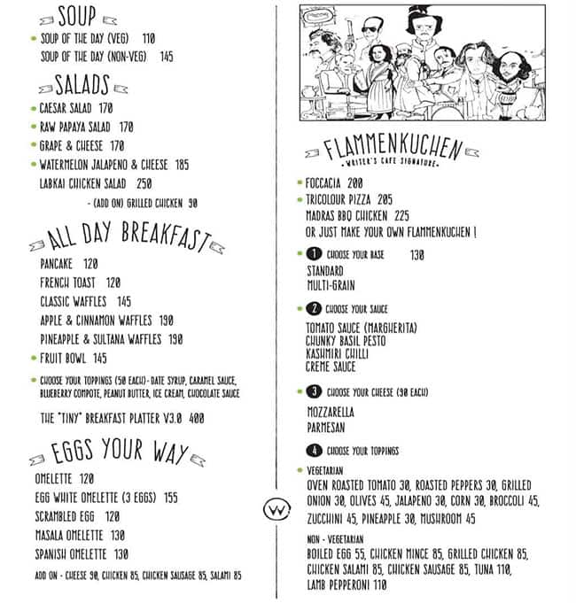 Menu at Writer's Café, Puducherry