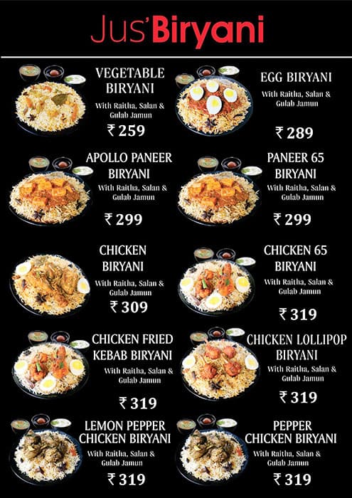 Menu of Jus' Biryani, Whitefield, Bangalore
