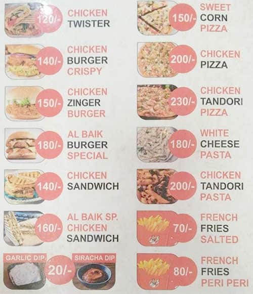 Menu of Al - Baik.Com, By Pass Road (North), Indore