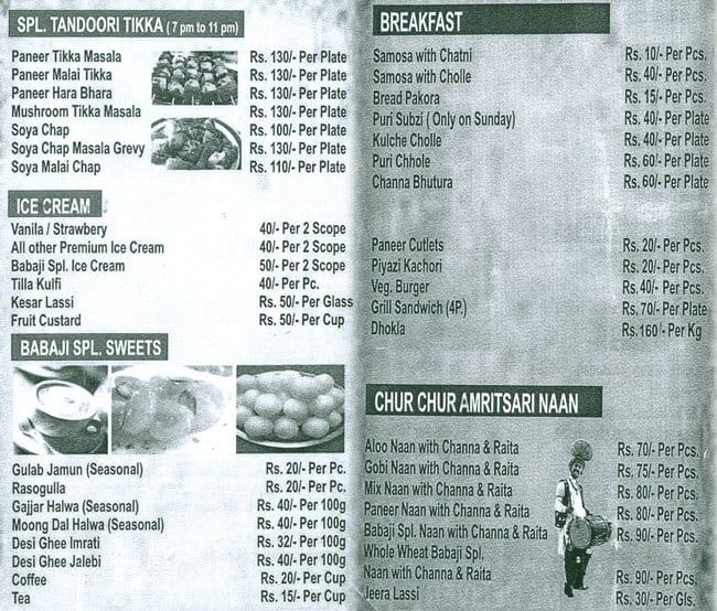 Menu at Babaji Pure Veg Restaurant, Delhi, M4QC+8G3