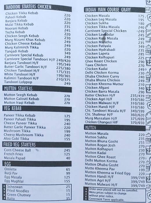 Menu at Carnivore, Navi Mumbai, besides bank of