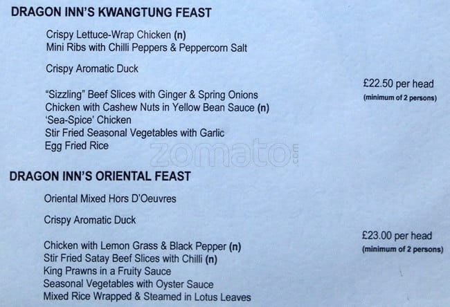 Menu at The Dragon Inn restaurant, Richmond, 130 Sheen Rd
