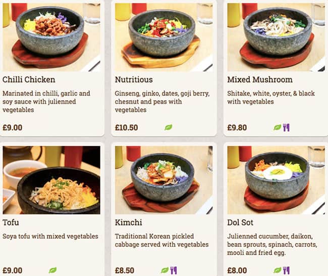 Menu at Bibimbap Charlotte Street restaurant, London, 10 Charlotte St.