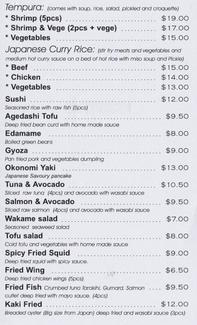 Menu at Kenzo Japanese Restaurant, Christchurch