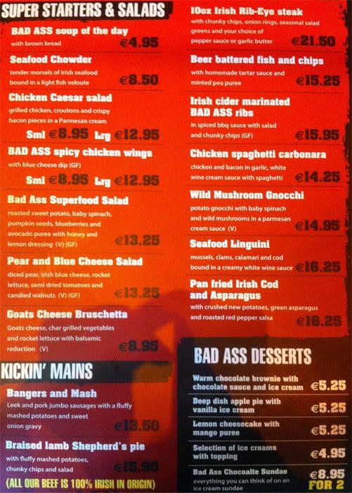 Menu at Bad Ass Cafe, Dublin