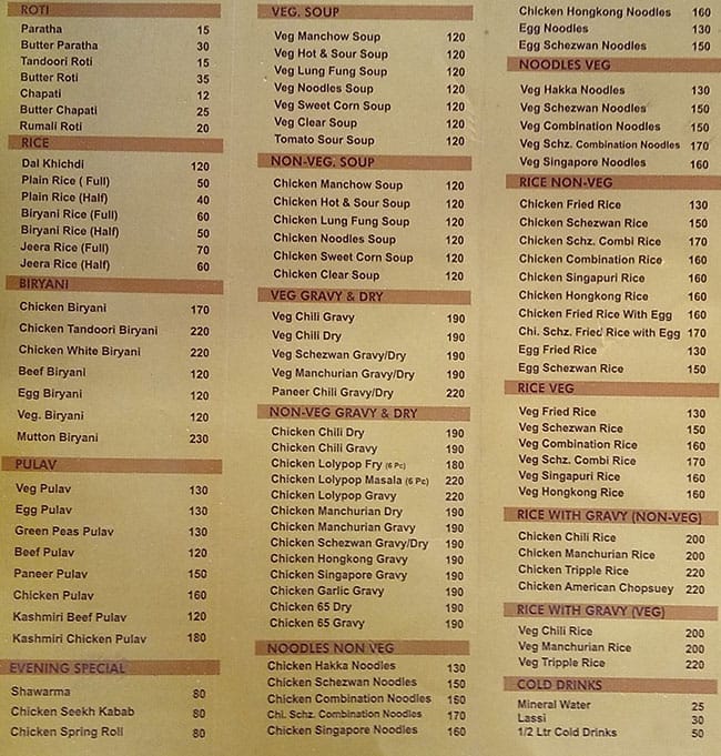 Menu of Agra Restaurant, Camp Area, Pune